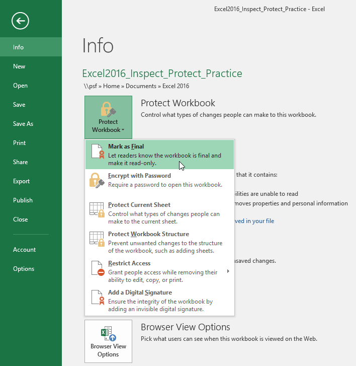 Excel 2016 Inspecting And Protecting Workbooks