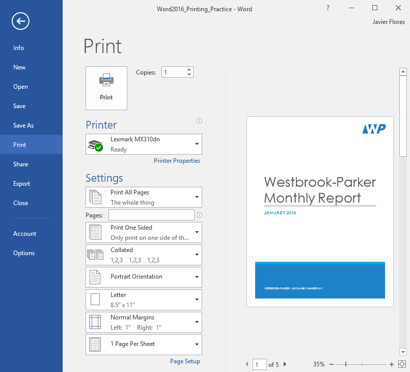 Word 2016 Printing Documents