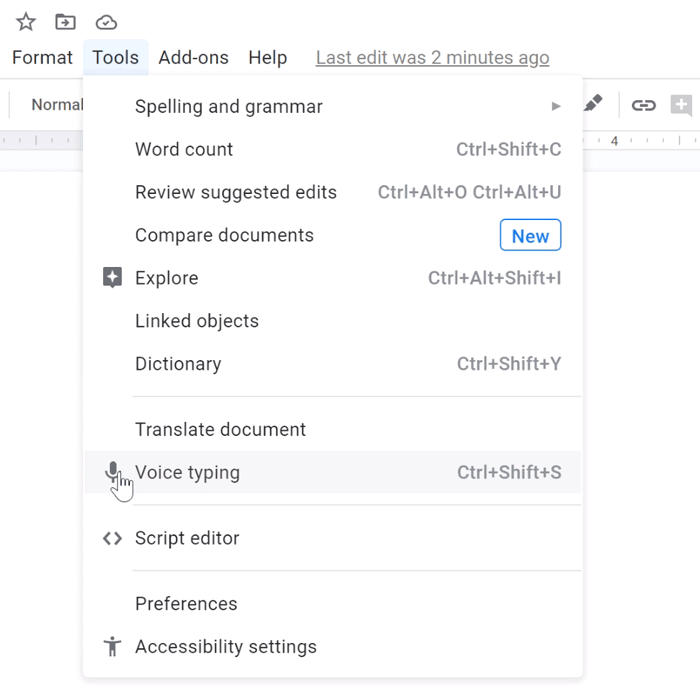 Google Docs Voice Typing