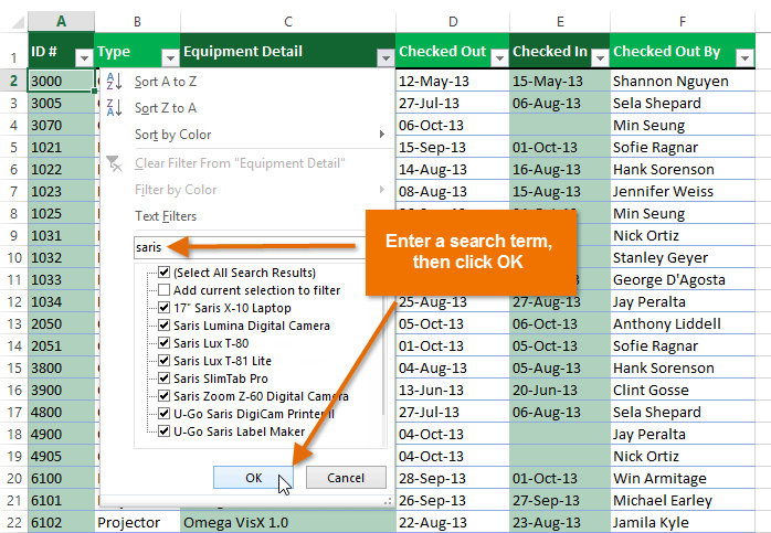 Excel 2013 Filtering Data